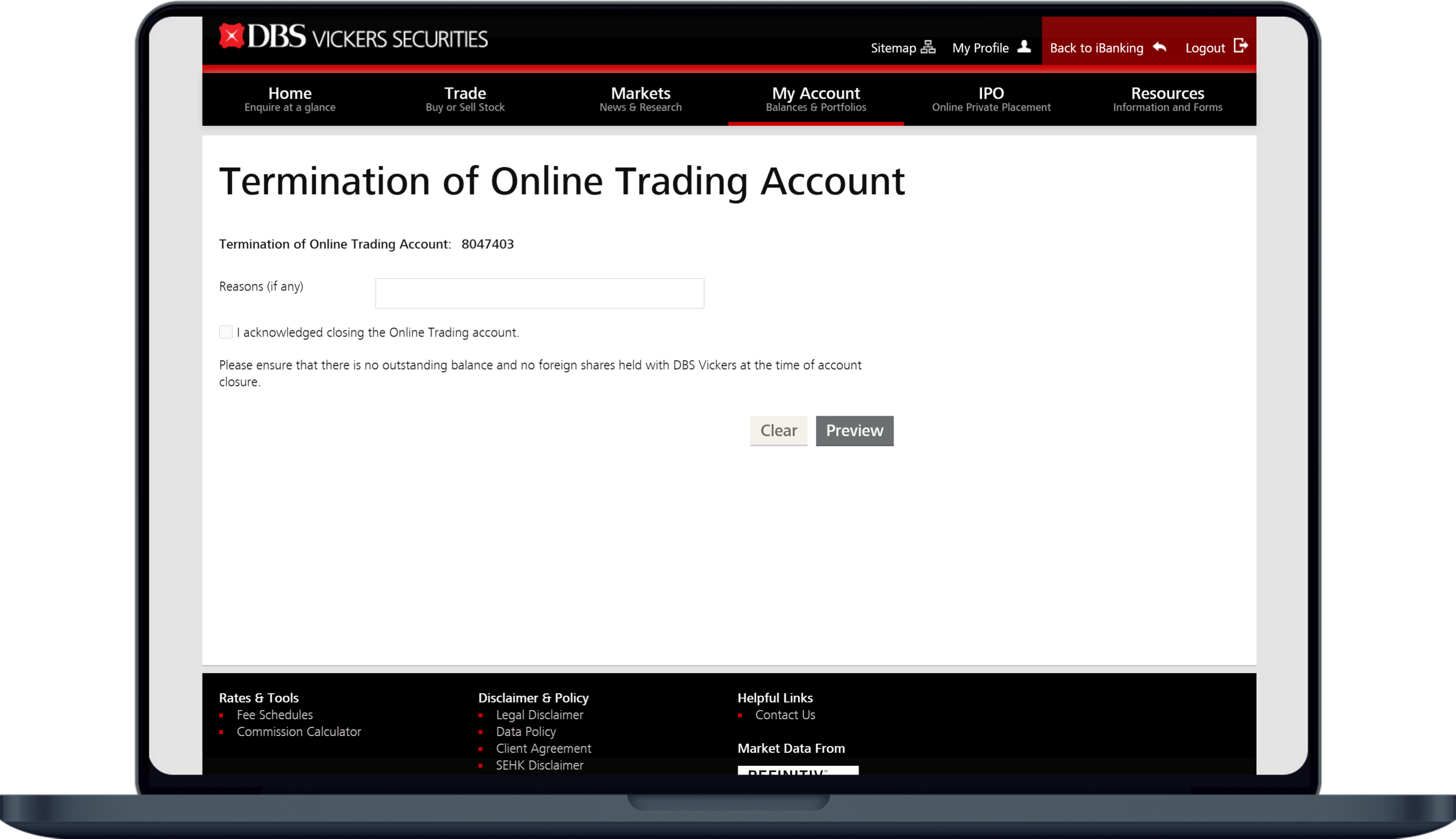 Terminate DBS Vickers Online Trading Account | DBS Singapore